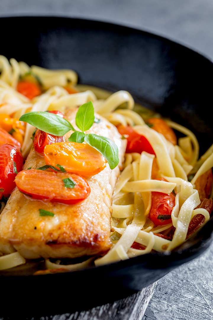 Seared Cod With Lemon Tomato Basil Pasta Sprinkles And Sprouts